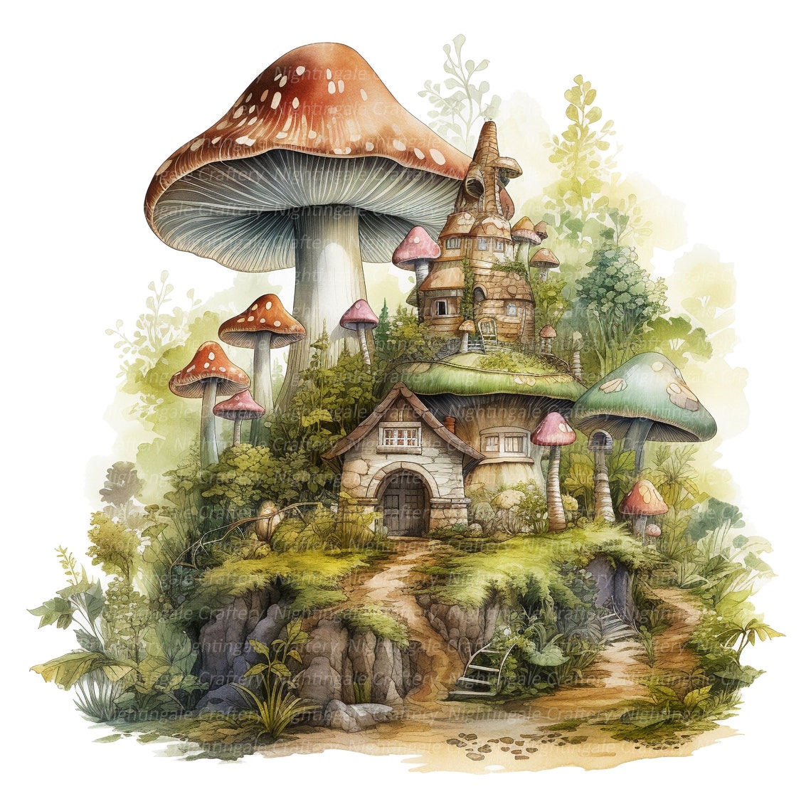 9 Magic Mushroom Fairy House Clipart, Printable Watercolor Clipart ...
