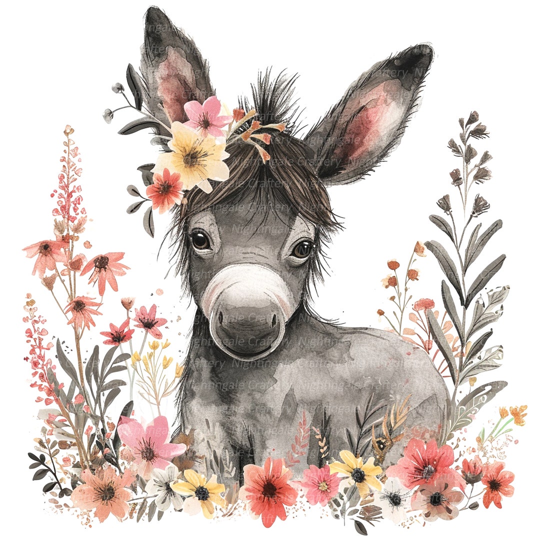 16 Floral Donkey Cartoon Clipart, Cartoon Donkey, Printable Watercolor ...