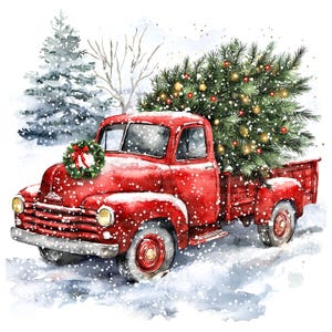 11 Pickup Truck Carrying Christmas Tree Clipart, Printable Watercolor ...