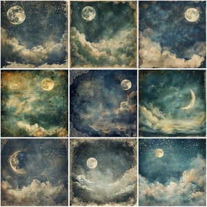 18 Vintage Moon Stars Background Papers, 12 X 12 Digital Paper Pack ...