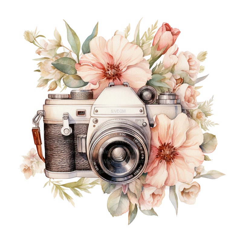 10 Vintage Floral Camera Clipart, Photo Camera, Printable Watercolor ...