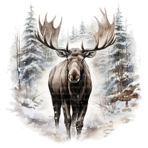 10 Moose in Winter Clipart, Printable Watercolor Clipart, High Quality ...