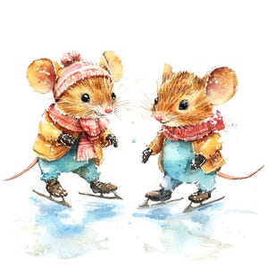 10 Cute Mice Skating Clipart, Ice Skating, Printable Watercolor Clipart ...