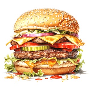 10 Tasty Hamburger Clipart, Fast Food Clipart, Printable Watercolor ...