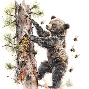 13 Bear and Bees, Bear Honey, Bear Cub Clipart, Printable Watercolor Clipart, High Quality JPG ...