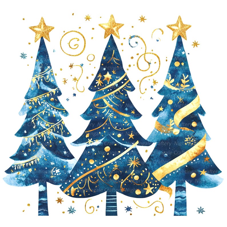 10 Christmas Trees Clipart, Christmas Card, Printable Watercolor ...