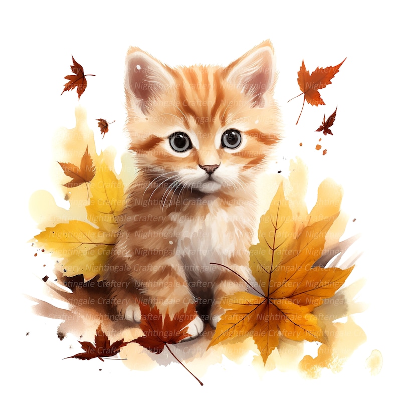 10 Kitten Autumn Clipart, Cat Clipart, Printable Watercolor Clipart ...
