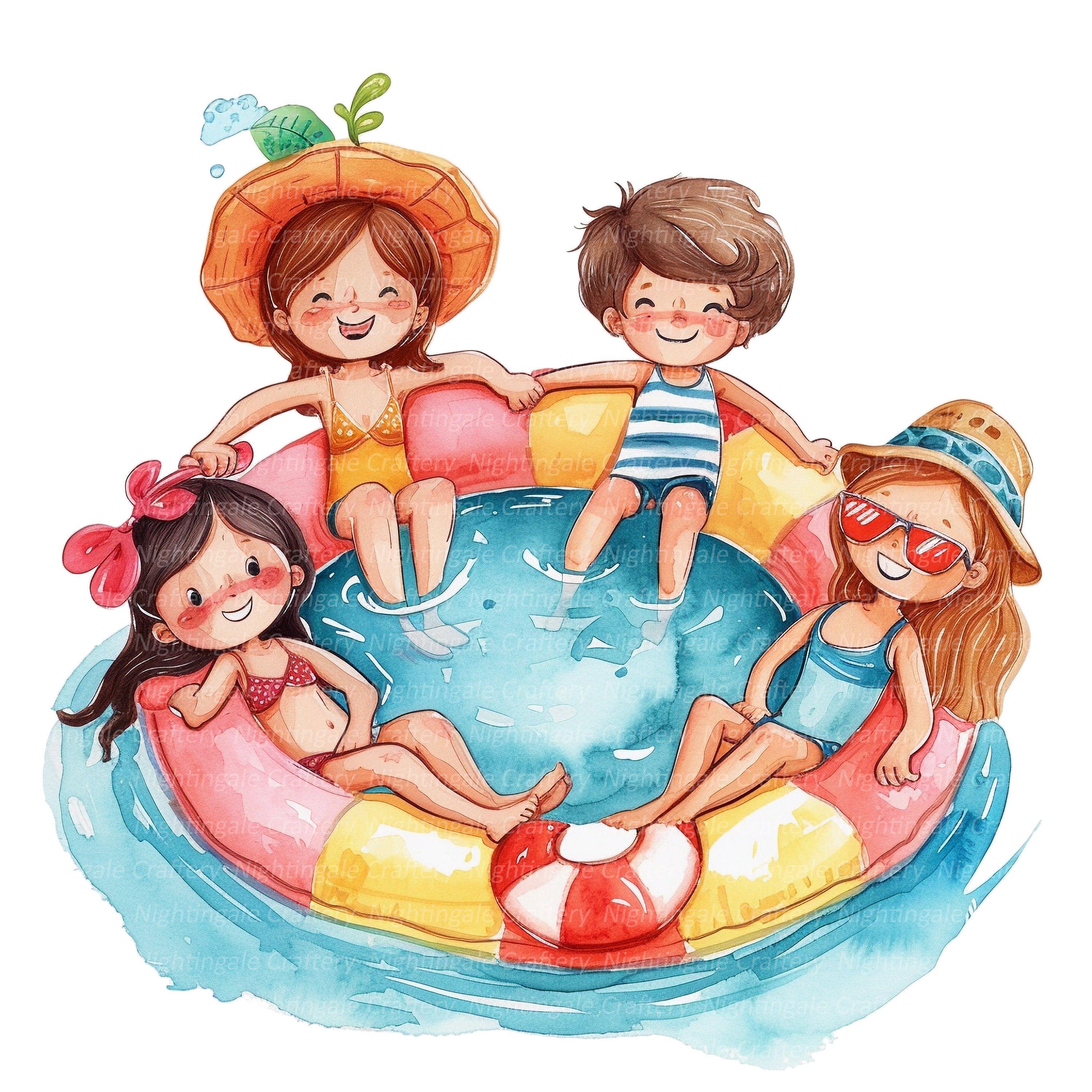 10 Pool Party Clipart, Kids Party Illustration, Printable Watercolor ...