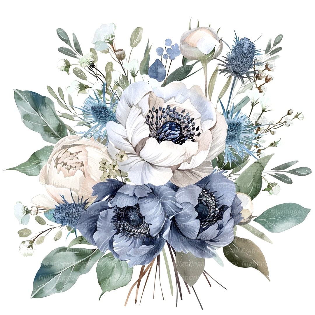 10 Blue Peonies Bouquet Clipart, Peonies Print, Printable Watercolor ...