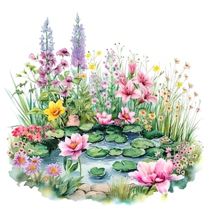14 Garden With Pond Clipart, Garden Clipart, Printable Watercolor ...