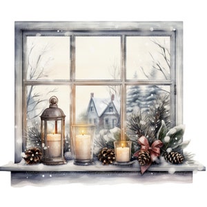 12 Snowy Christmas Window Clipart, Winter Windowsill, Printable ...