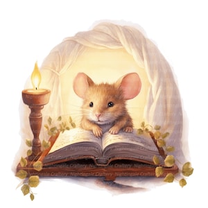 12 Mouse Reading Book Clipart, Mouse Bedroom, Printable Watercolor ...