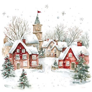 10 Christmas Village Clipart, Christmas Card Art, Printable Watercolor ...