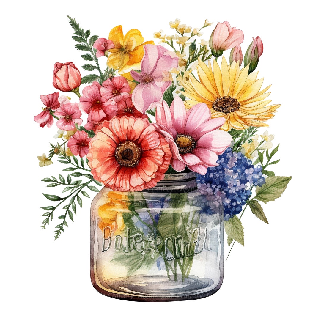 16 Flowers in Jar Clipart, Wild Flowers Clipart, Printable Watercolor ...