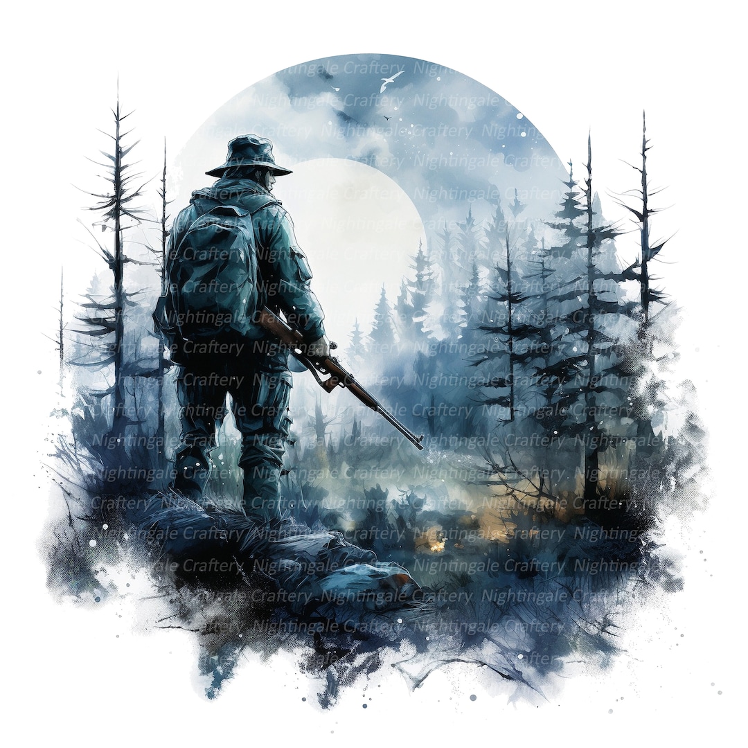 12 Hunter in Night Clipart, Hunting Clipart, Printable Watercolor ...
