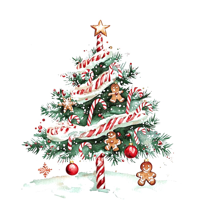 8 Candy Christmas Tree Clipart, Printable Watercolor Clipart, High ...
