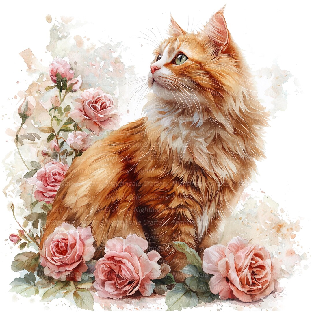 10 Floral Cats, Cats Clipart, Cat in Roses, Printable Watercolor ...
