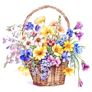 16 Spring Flowers Basket Clipart, Floral Basket, Printable Watercolor ...