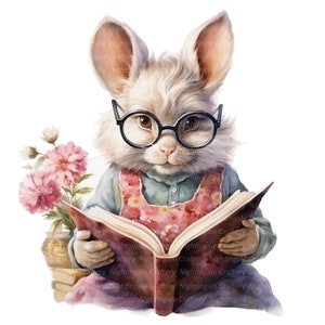 12 Bunny Granny Reading Clipart, Bunny Clipart, Printable Watercolor ...