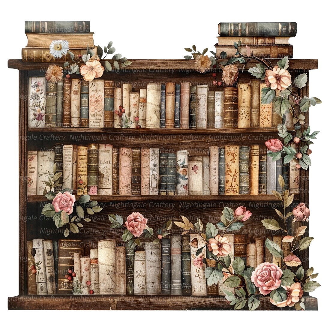 11 Floral Bookshelf Clipart, Vintage Bookshelf, Printable Watercolor ...