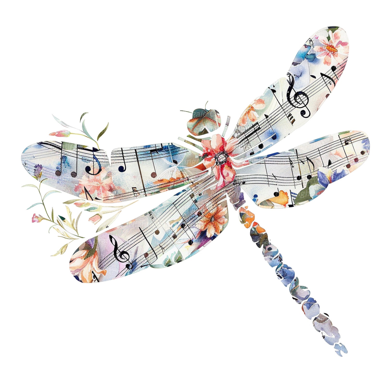 14 Dragonfly Music Notes Clipart, Wall Print, Printable Watercolor ...