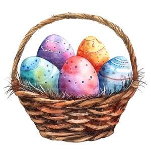 14 Easter Eggs Basket Clipart, Easter Basket, Printable Watercolor ...