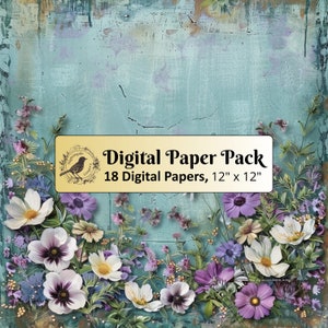 18 Teal Purple Vintage Floral Papers, 12 X 12 Digital Paper Pack, Junk ...
