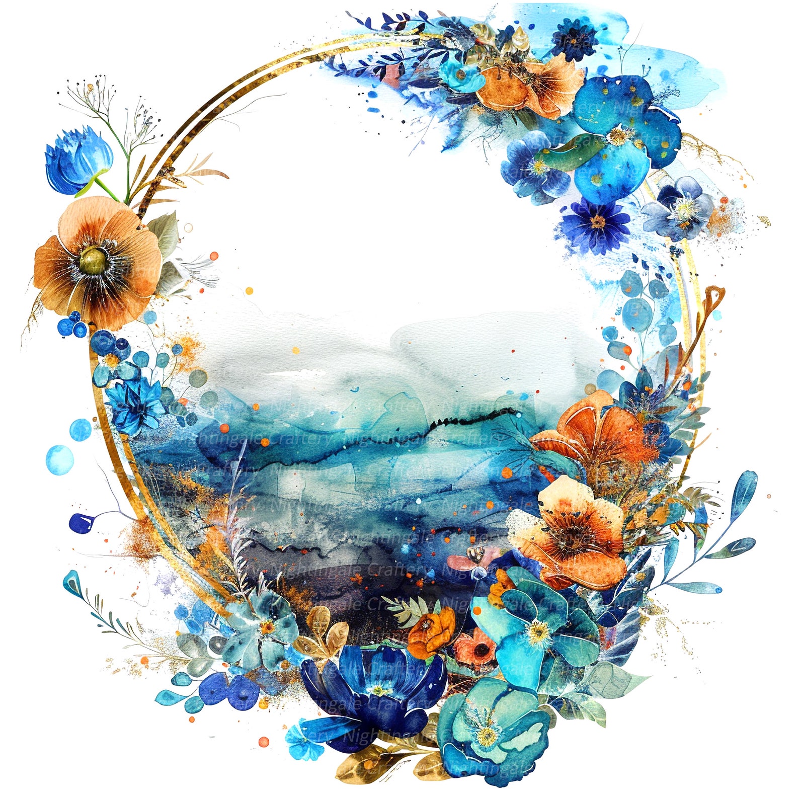 9 Floral Decor Circle, Florals, Digital Clipart, Watercolor Clipart ...