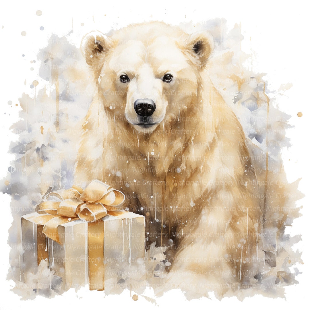 8 Christmas Polar Bear Clipart, Golden Theme, Printable Watercolor ...
