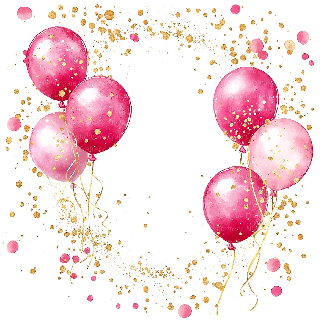12 Birthday Frame Clipart, Pink Birthday Balloons, Printable Watercolor ...