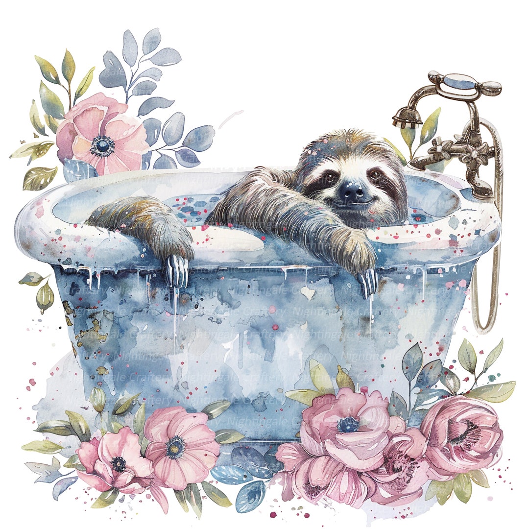 Sloth in Bathtub Clipart, Bathroom Wall Art, Printable Watercolor ...
