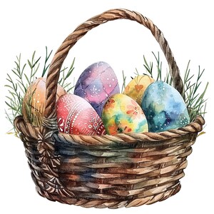 14 Easter Eggs Basket Clipart, Easter Basket, Printable Watercolor ...