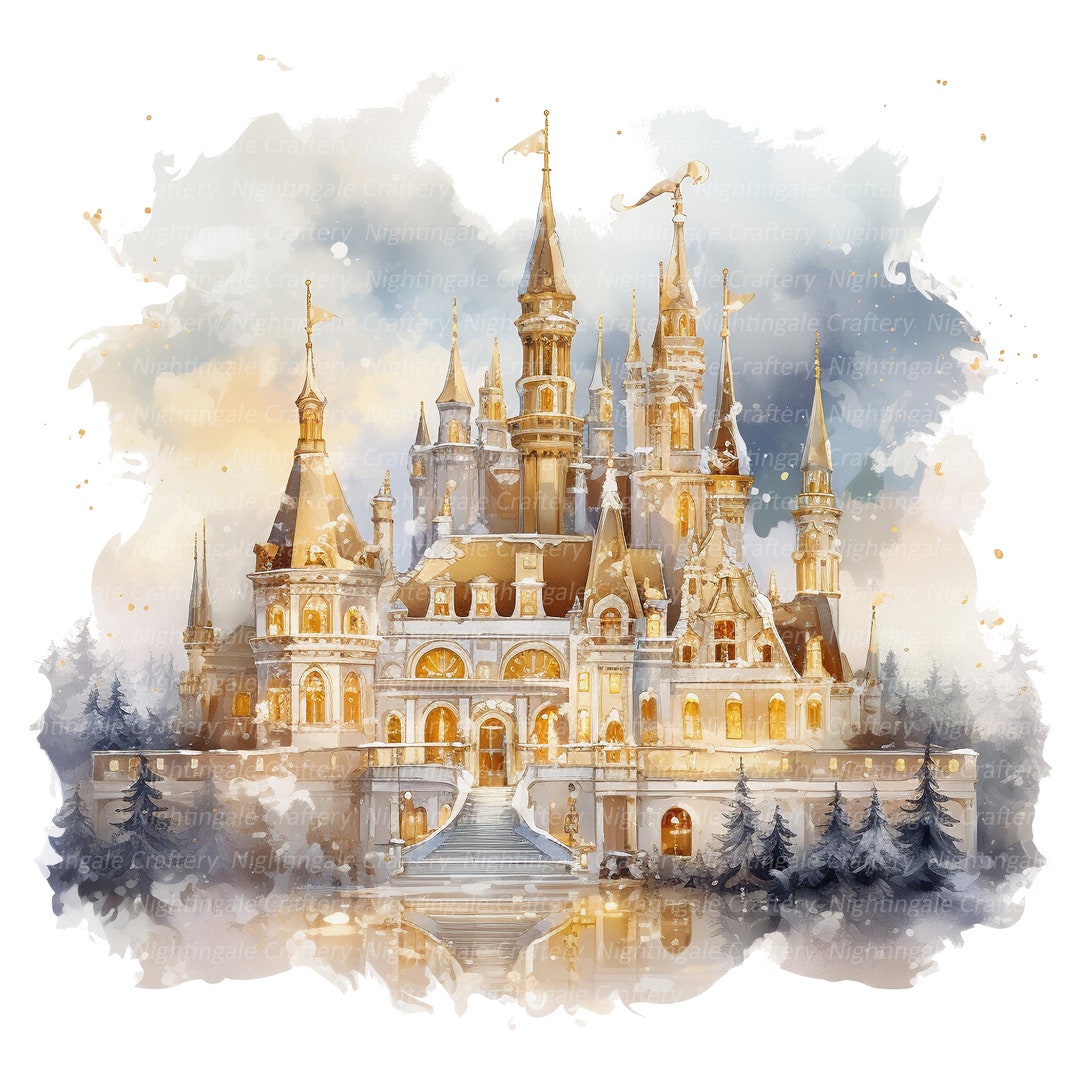 12 Golden Castle Clipart, Winter Castle, Printable Watercolor Clipart ...