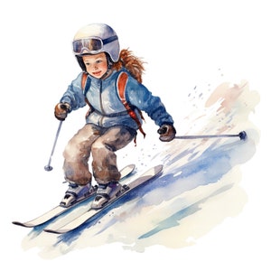 10 Kids Skiing Clipart, Kids in Winter, Printable Watercolor Clipart ...