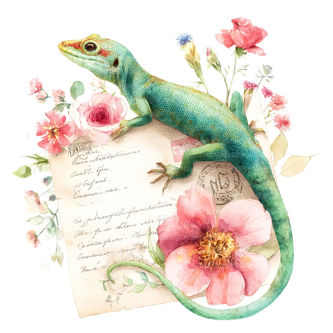 12 Romantic Letter, Floral Lizard Clipart, Printable Watercolor Clipart ...