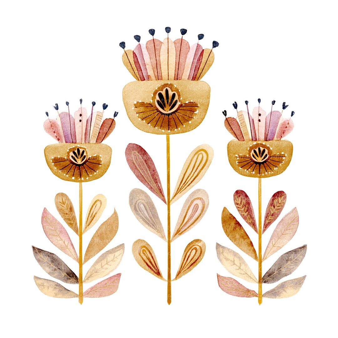 13 Mexican Folk Art Flowers, Wall Art, Clipart, Printable Watercolor ...