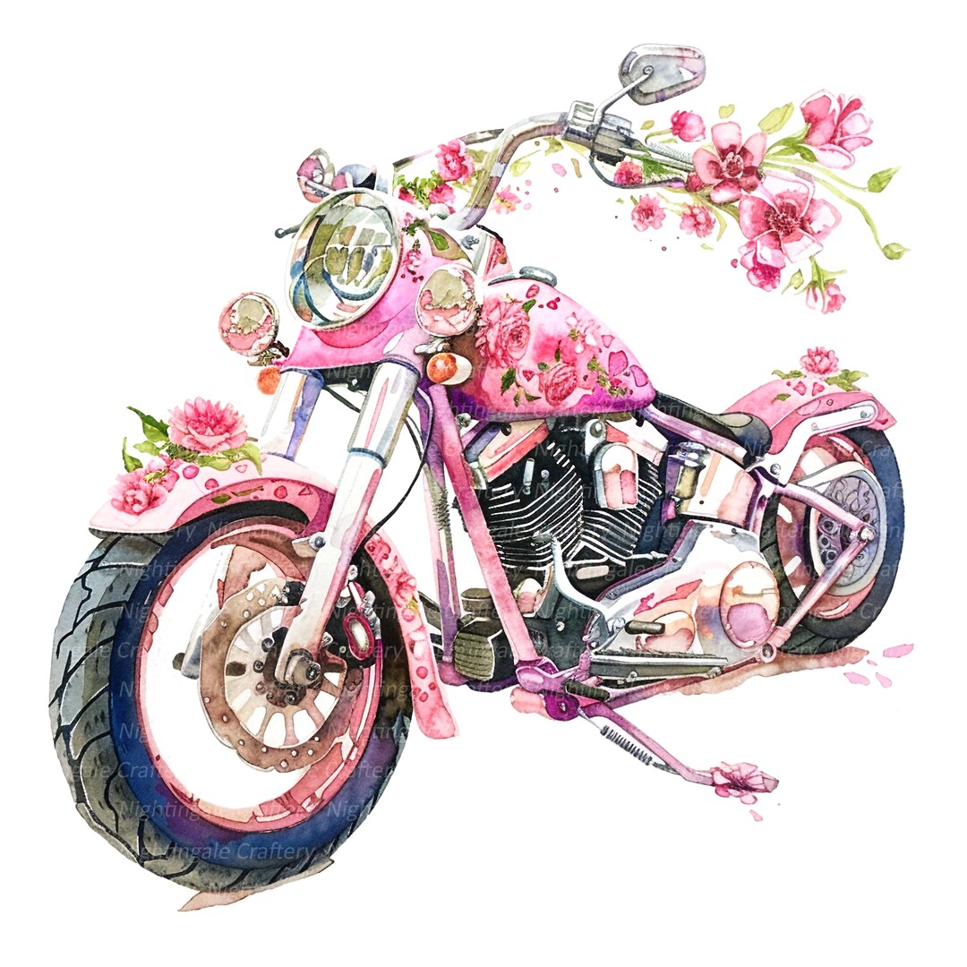 8 Floral Motorcycle Clipart, Chopper Clipart, Printable Watercolor ...