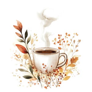8 Coffee Cup, Boho Floral Coffee Clipart, Printable Watercolor Clipart ...