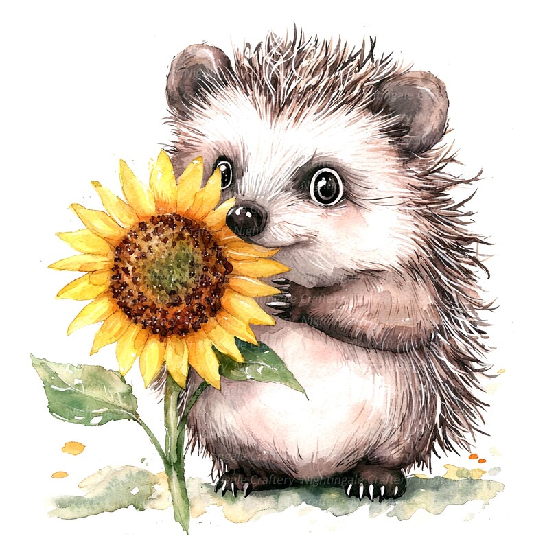 12 Hedgehog Sunflower Clipart, Cartoon Hedgehog, Printable Watercolor ...
