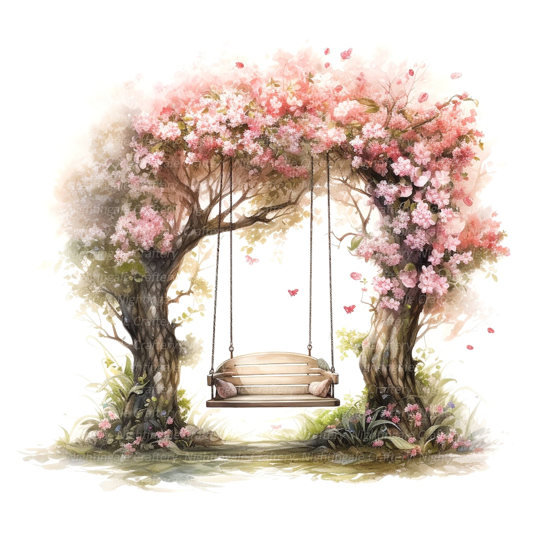 8 Swing in Tree Clipart, Floral Swing, Printable Watercolor Clipart ...