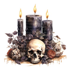12 Halloween Skull Clipart, Candles Clipart, Printable Watercolor ...