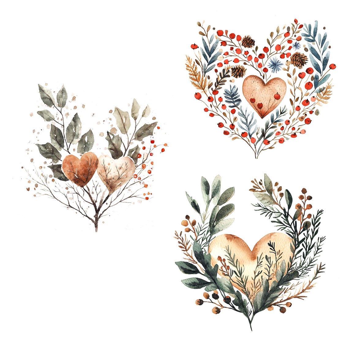 14 Christmas Decor Clipart, Floral Heart, Printable Watercolor Clipart ...