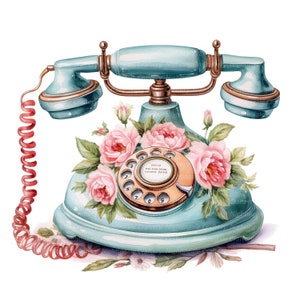 8 Vintage Floral Phone Clipart, Retro Telephone, Printable Watercolor ...