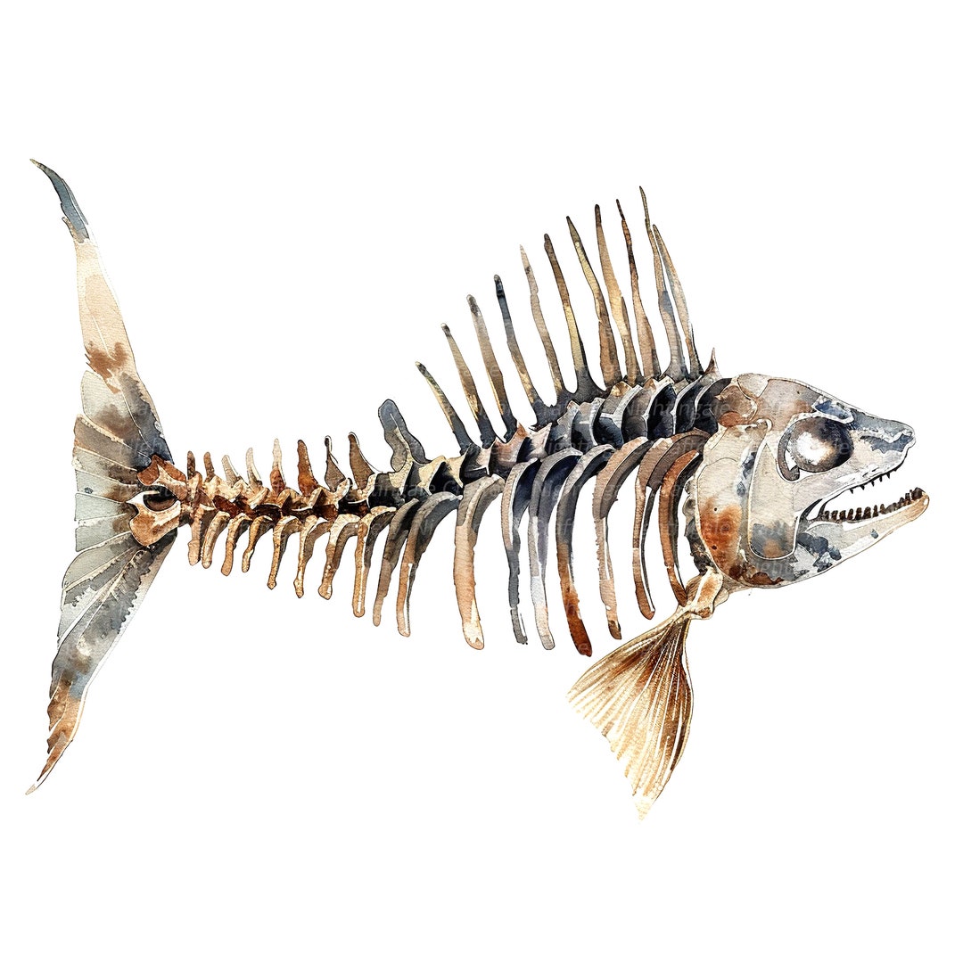 10 Fishbone Clipart, Fossil Fishbone Clipart, Printable Watercolor ...
