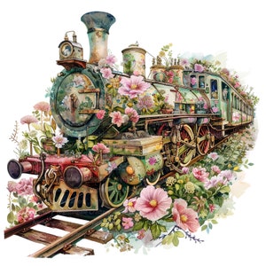 10 Floral Train Clipart, Floral Locomotive, Printable Watercolor ...