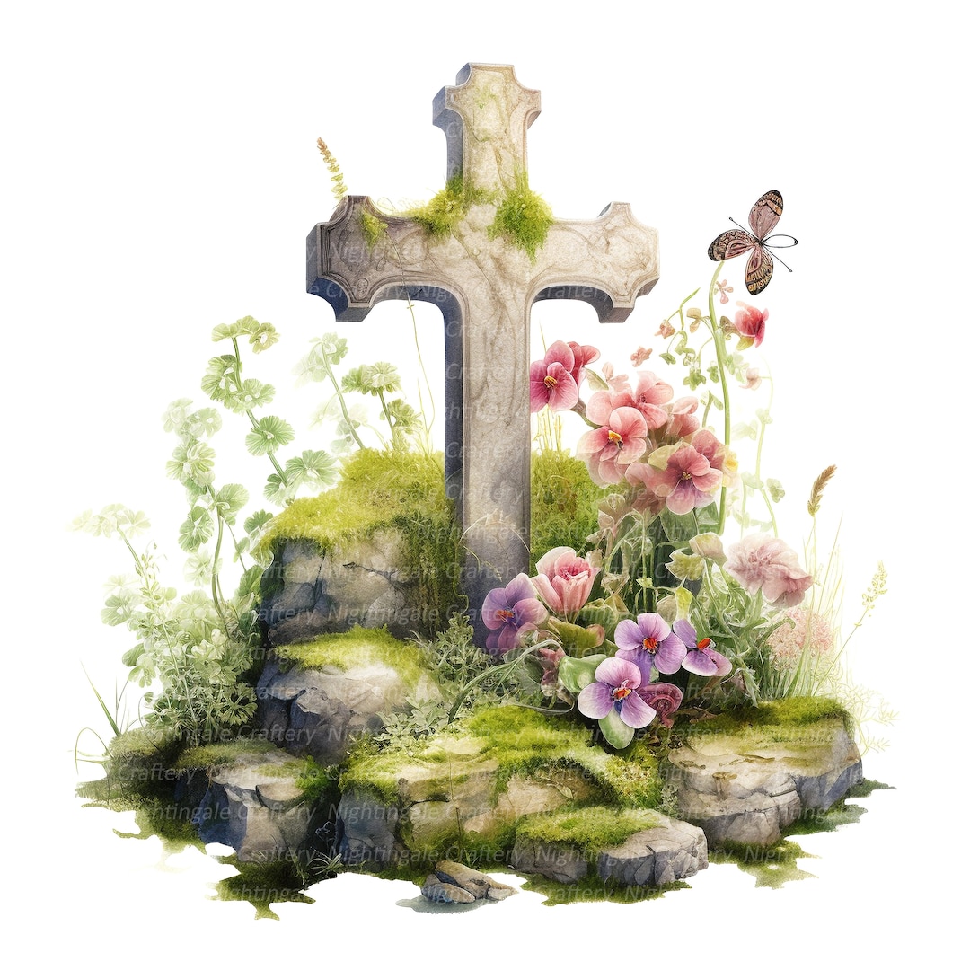 14 Floral Grave Cross Clipart, Cemetery Cross, Printable Watercolor ...