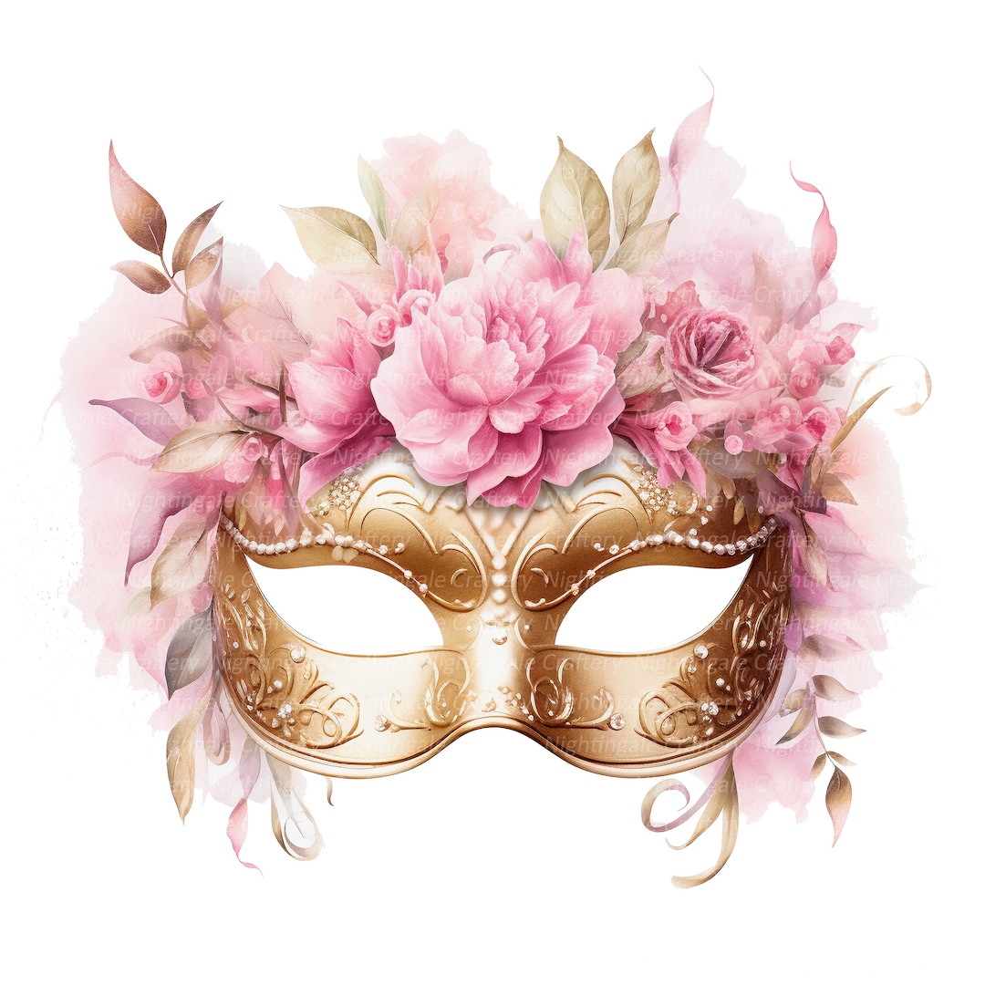 8 Floral Mask Clipart, Pink Golden Mask Clipart, Printable Watercolor ...