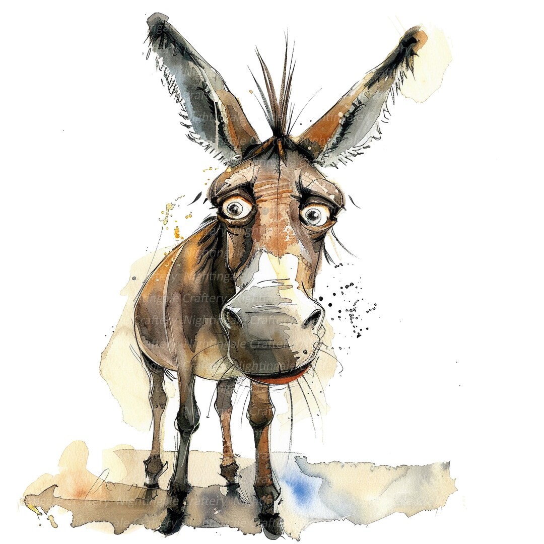 10 Cartoon Donkey Clipart, Grumpy Donkey, Printable Watercolor Clipart ...