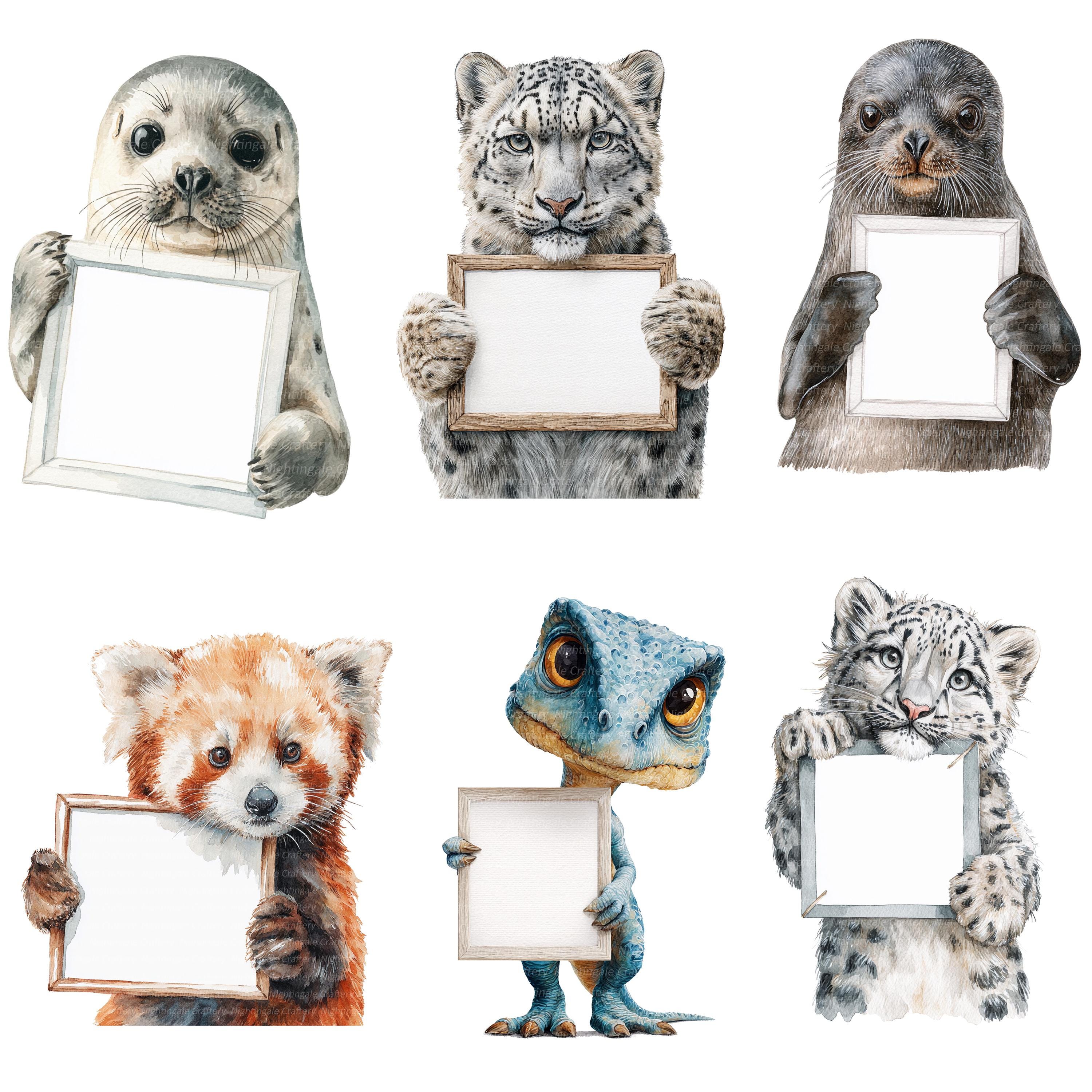 55 Cute Animals Clipart, Empty Frame, Baner, Printable Watercolor ...