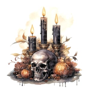12 Halloween Skull Clipart, Candles Clipart, Printable Watercolor ...